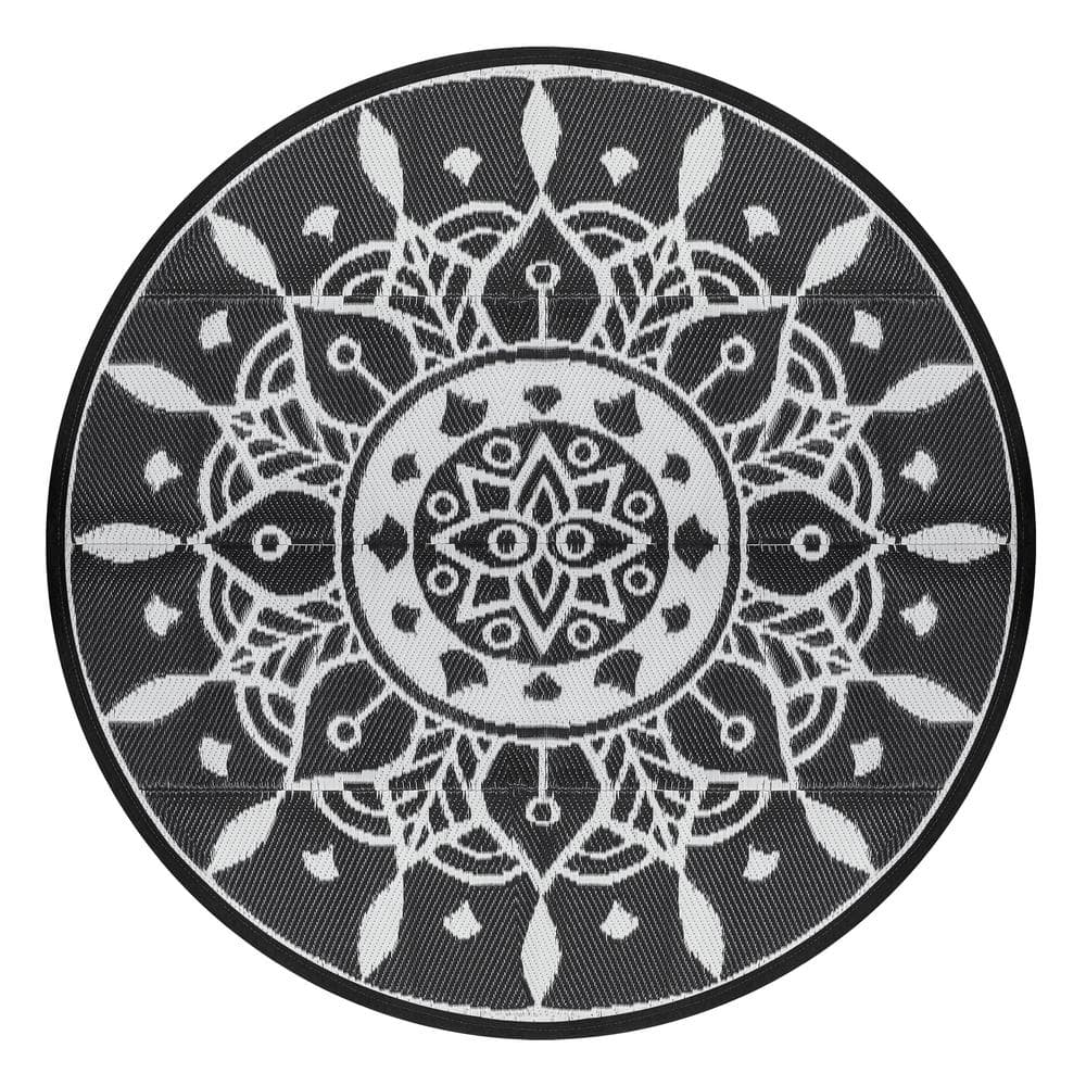 Nuu Garden Black 5 ft. Round Plastic Geometric Indoor/Outdoor Area Rug ...