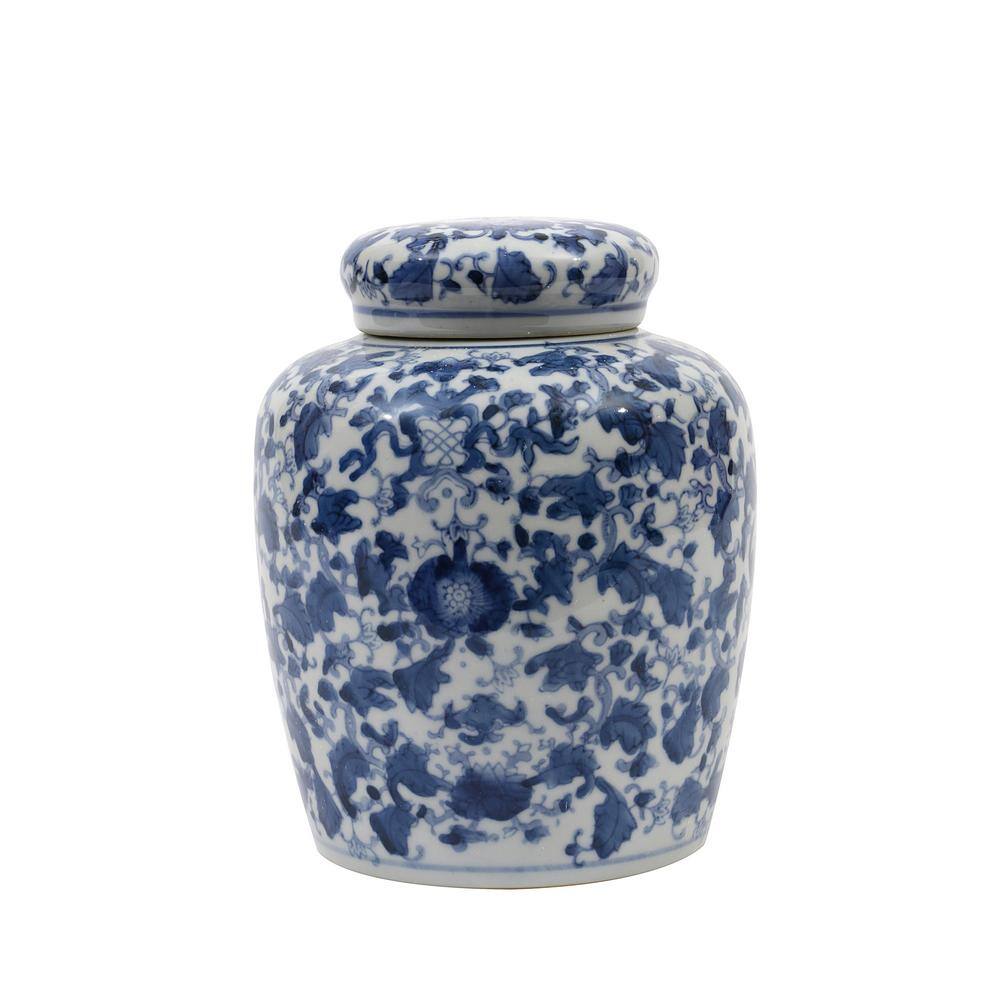 Storied Home 8 in. H Decorative Ceramic Ginger Jar with Lid in Blue and ...