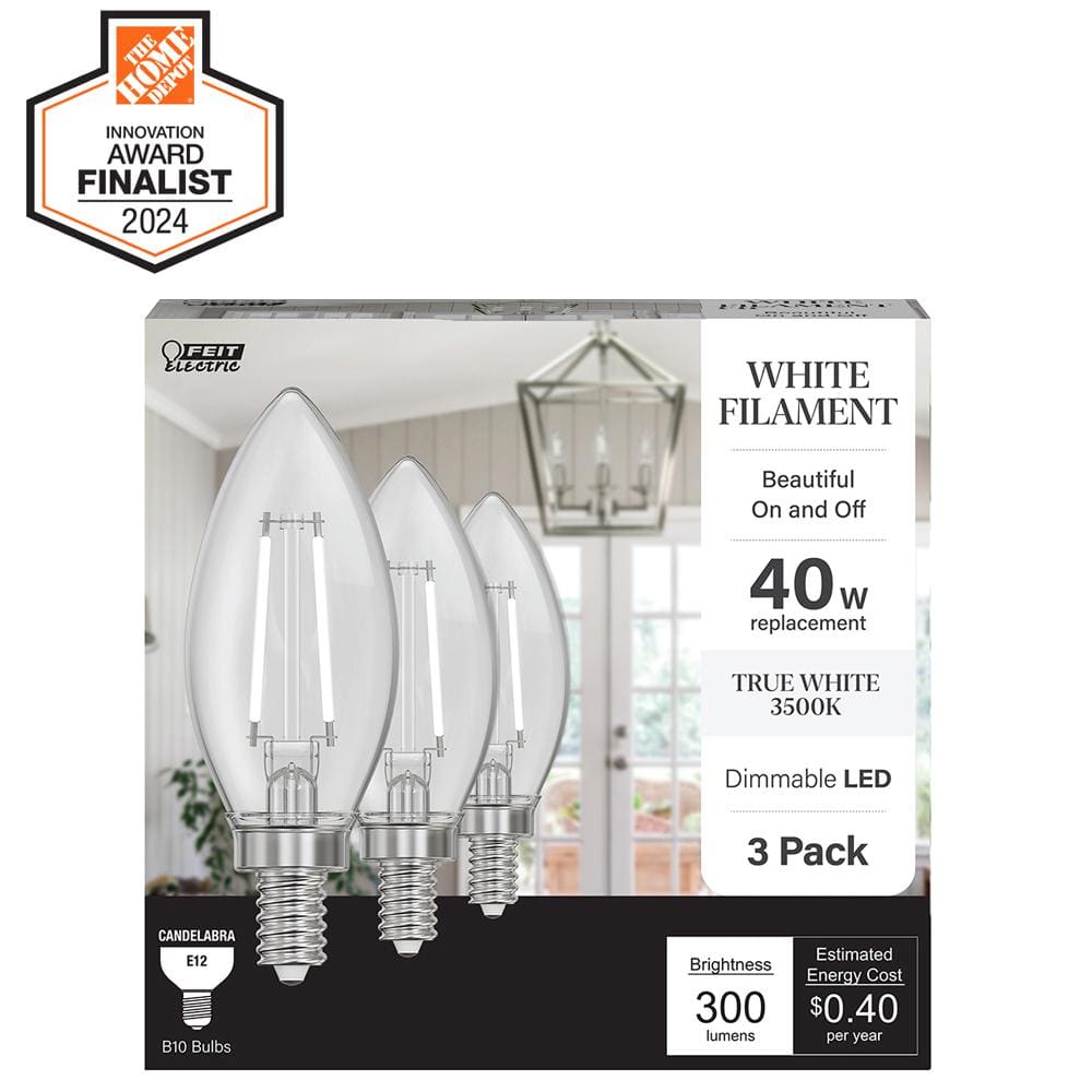 Feit Electric 40-Watt Equivalent B10 E12 Candelabra Dim White Filament ...