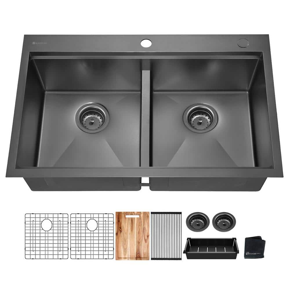 Glacier Bay 33 in. Drop-In Double Bowl 18 Gauge Gunmetal Black ...