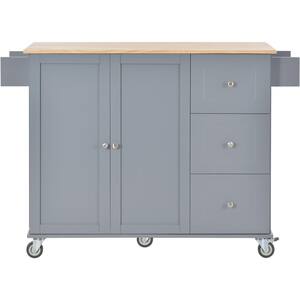 FUNKOL Blue Rubber wood Top Rolling 53.10 in. W Kitchen Island with 5 ...