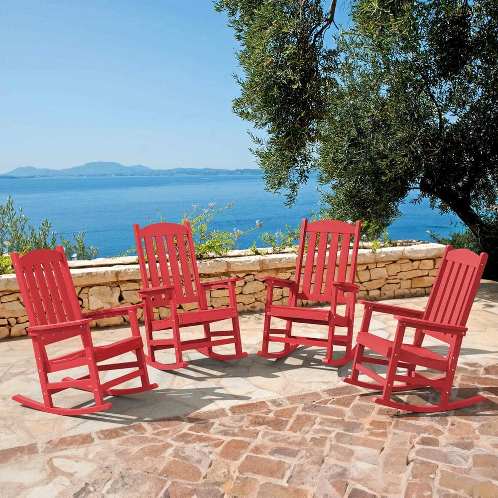 LUE BONA Bright Red Plastic Adirondack Outdoor Rocking Chair with High ...