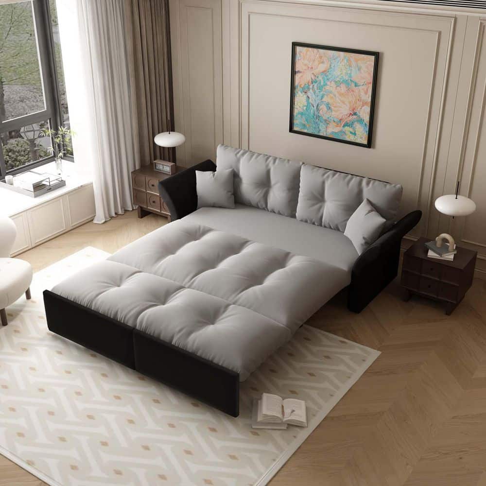 36 in. Grey Velvet Queen Size Pull Out Sofa Bed 3-in-1 Convertible ...