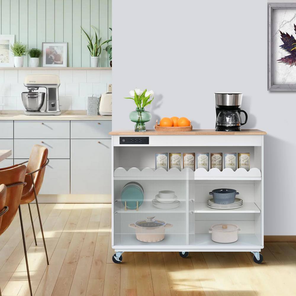 Nestfair White Wood 44 in. Kitchen Island with 2 Sliding Fluted Glass ...