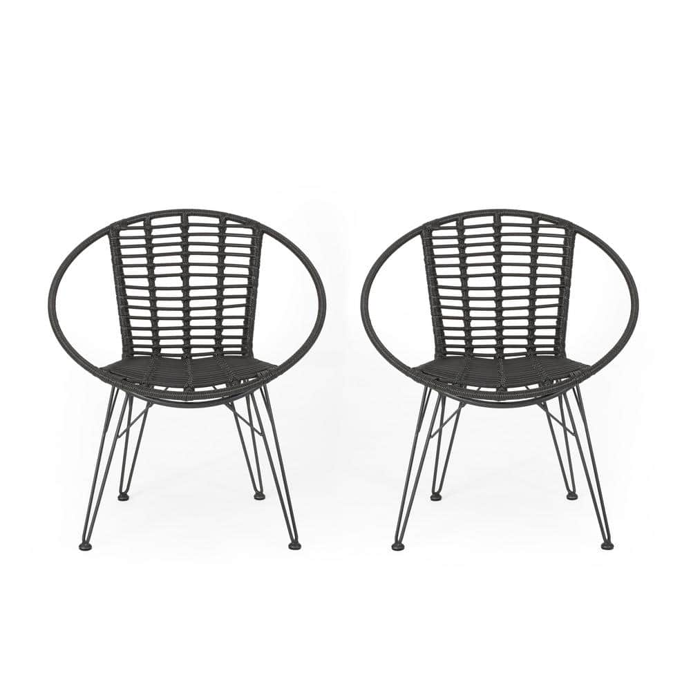 Zeus & Ruta 2-Piece Grey Outdoor Dining Wicker Basket Chair Angled Legs ...