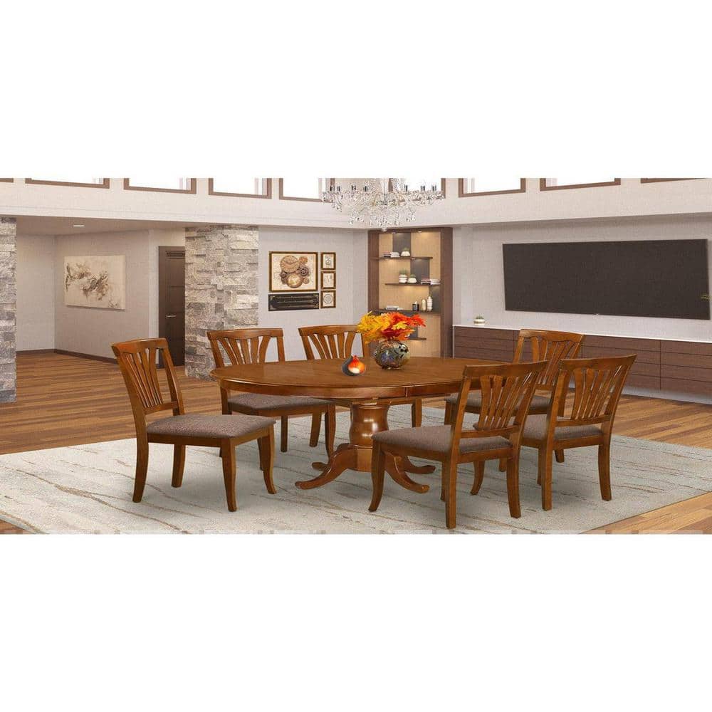 East West Furniture 7-Piece Oval Saddle Brown Finish Solid Wood Top ...