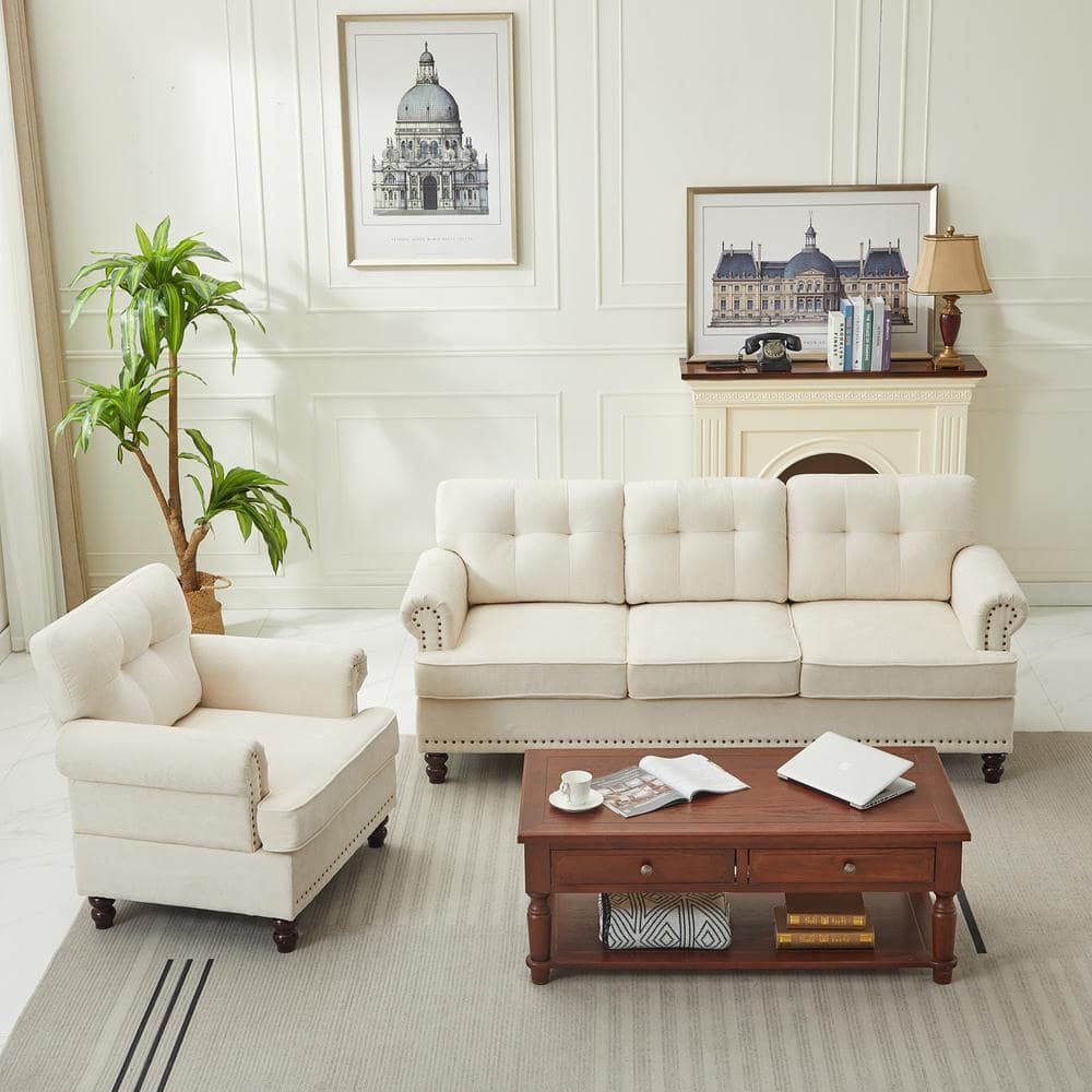 JEAREY Modern 2-Piece Beige Chenille Living Room Set with Nailhead Trim ...
