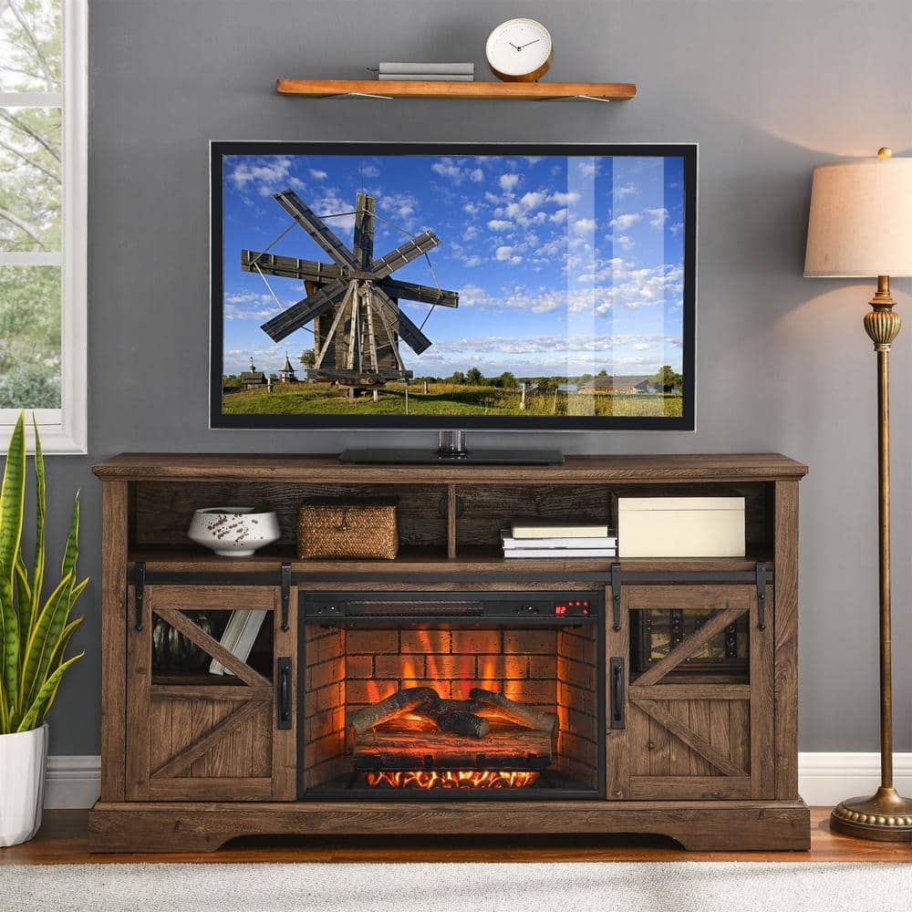 Mondawe 60 in. Freestanding Electric Fireplace TV Stand with Door Sensor in Reclaimed Barnwood ...