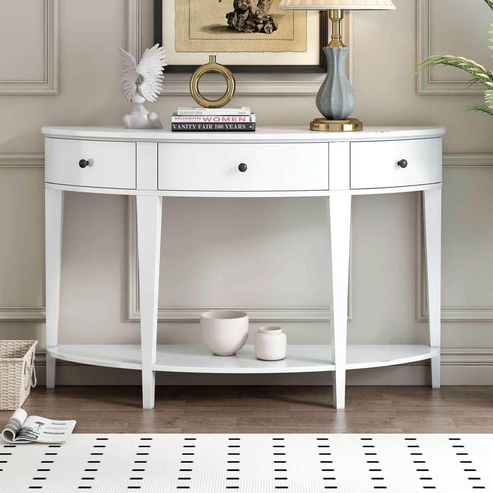 Polibi 51.1 in. White Half-Moon Wood Console Table with 3 drawers and 1 Shelf for Hallway ...