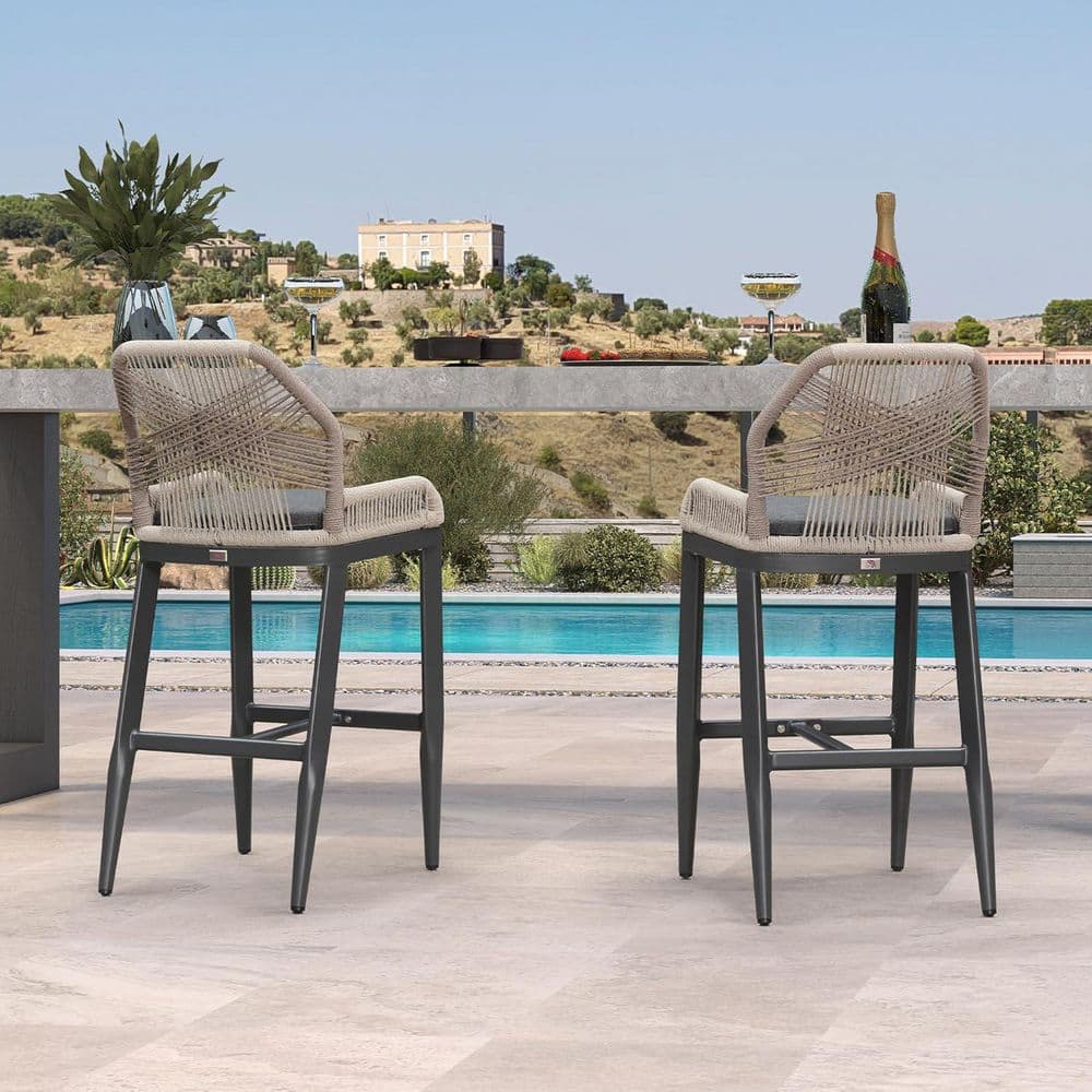PURPLE LEAF Modern Aluminum Woven Rattan Bar Height Outdoor Bar Stool Chairs with Back, Gray(2 ...
