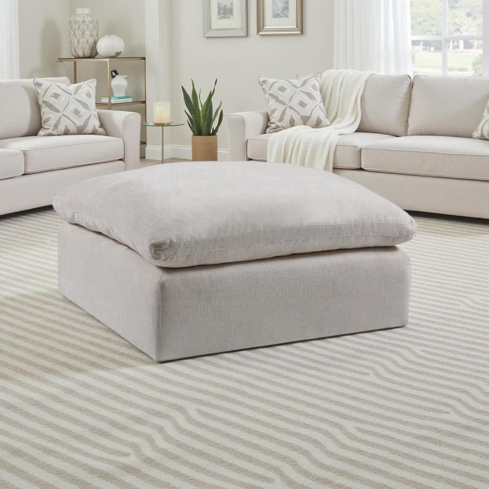 Benjara Shar Ivory Linen Fabric Rectangular Modular Medium Ottoman with ...