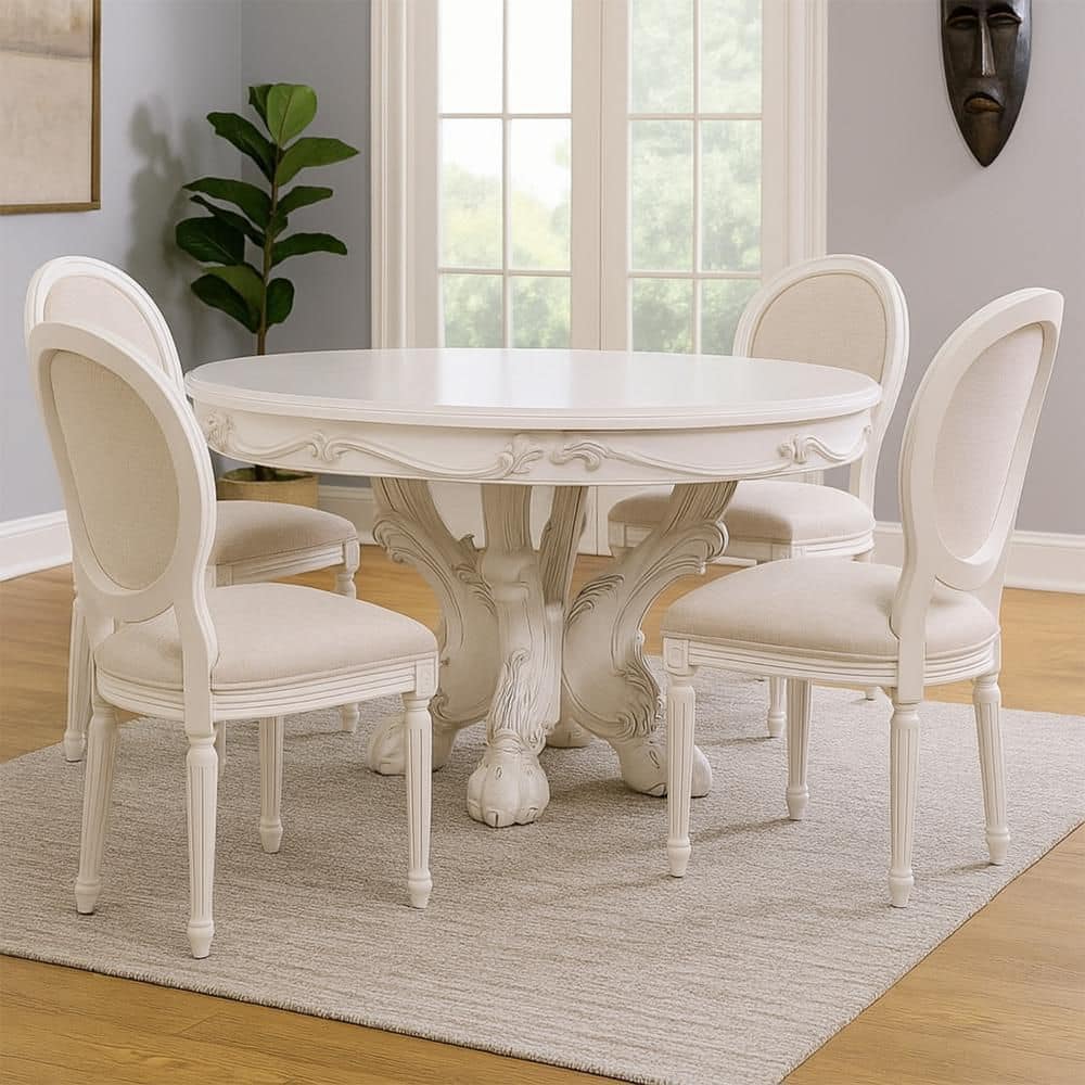 Benjara Aurora White Wood Round 60 in. Pedestal Base Dining Table ...