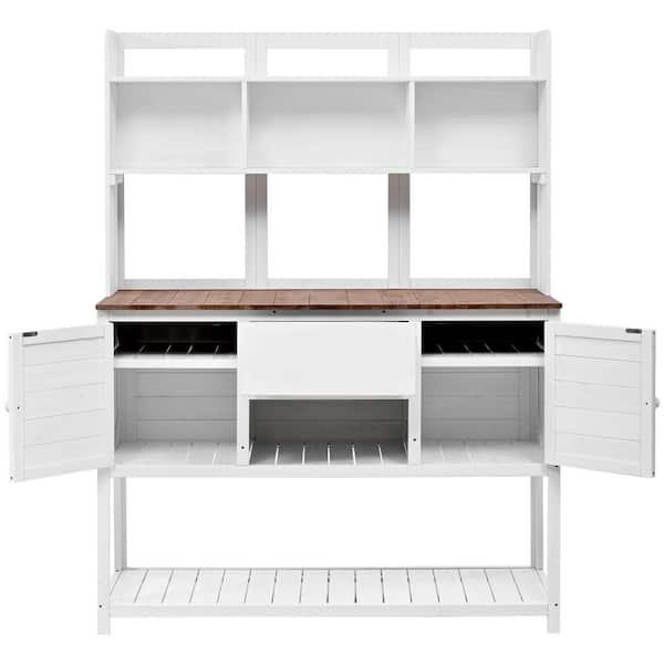 White Solid Wood Potting Bench Garden Workstation with Hutch, Drawer ...