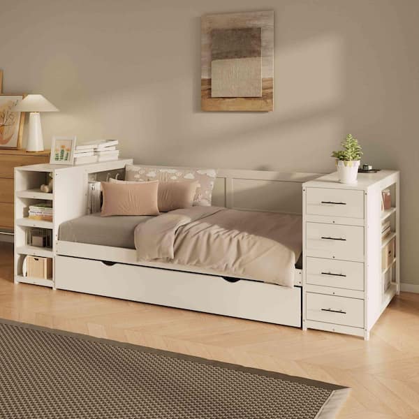 Polibi White Twin Daybed with Trundle, Side Shelves, Drawers, Desk and ...