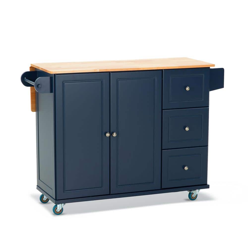 PHI VILLA 44 in. Navy Blue Kitchen Island Utility Cart Storage Cabinet ...
