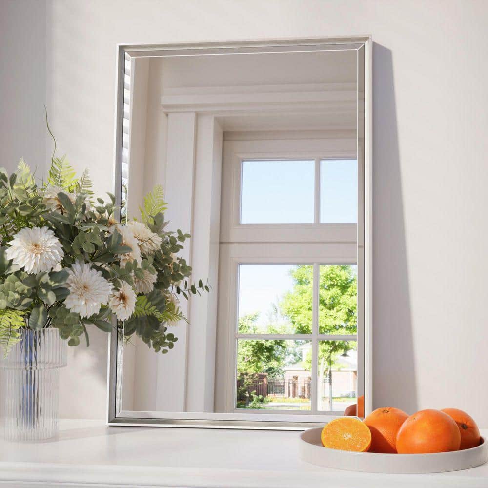 KeonJinn 16 in. W x 24 in. H Framed Brushed Nickel Mirrors for Bathroom ...
