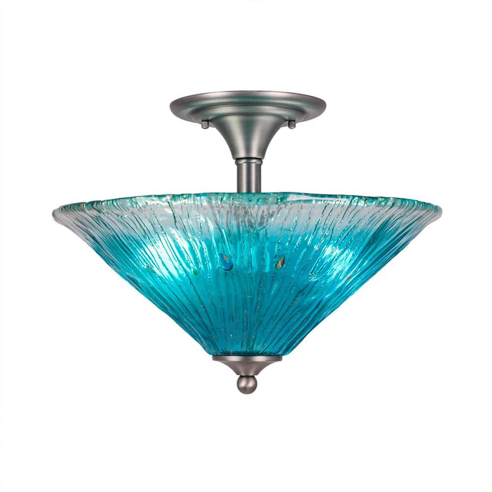 Bristol 12.75 in. 2-Light Brushed Nickel Semi-Flush with 16 in. Teal ...