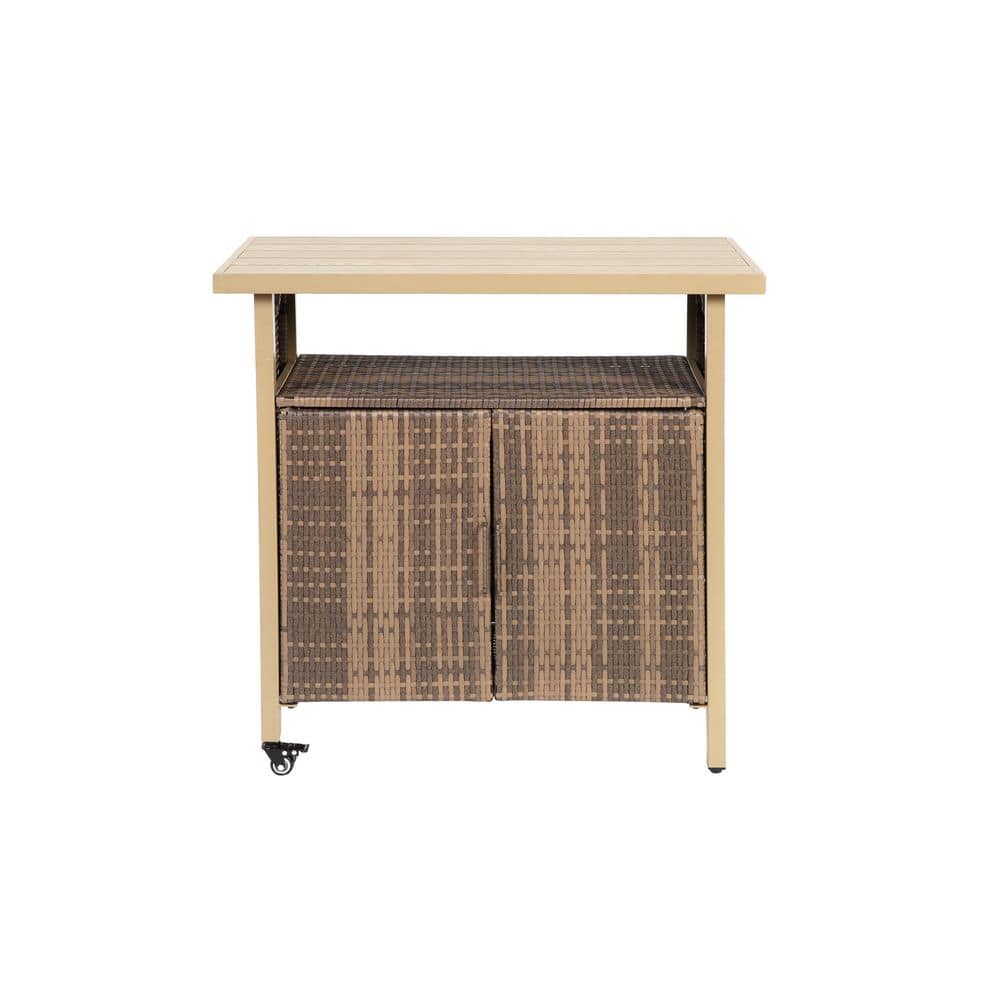 Light Brown, Outdoor Wicker Bar Cart, Patio Wine Serving Cart,Rolling ...