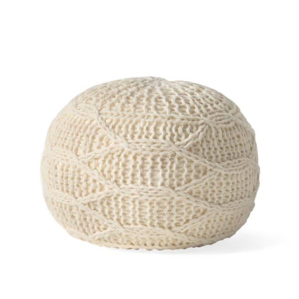 Benjara Accent Cream Wool Round Accent Ottoman BM335335 - The Home Depot