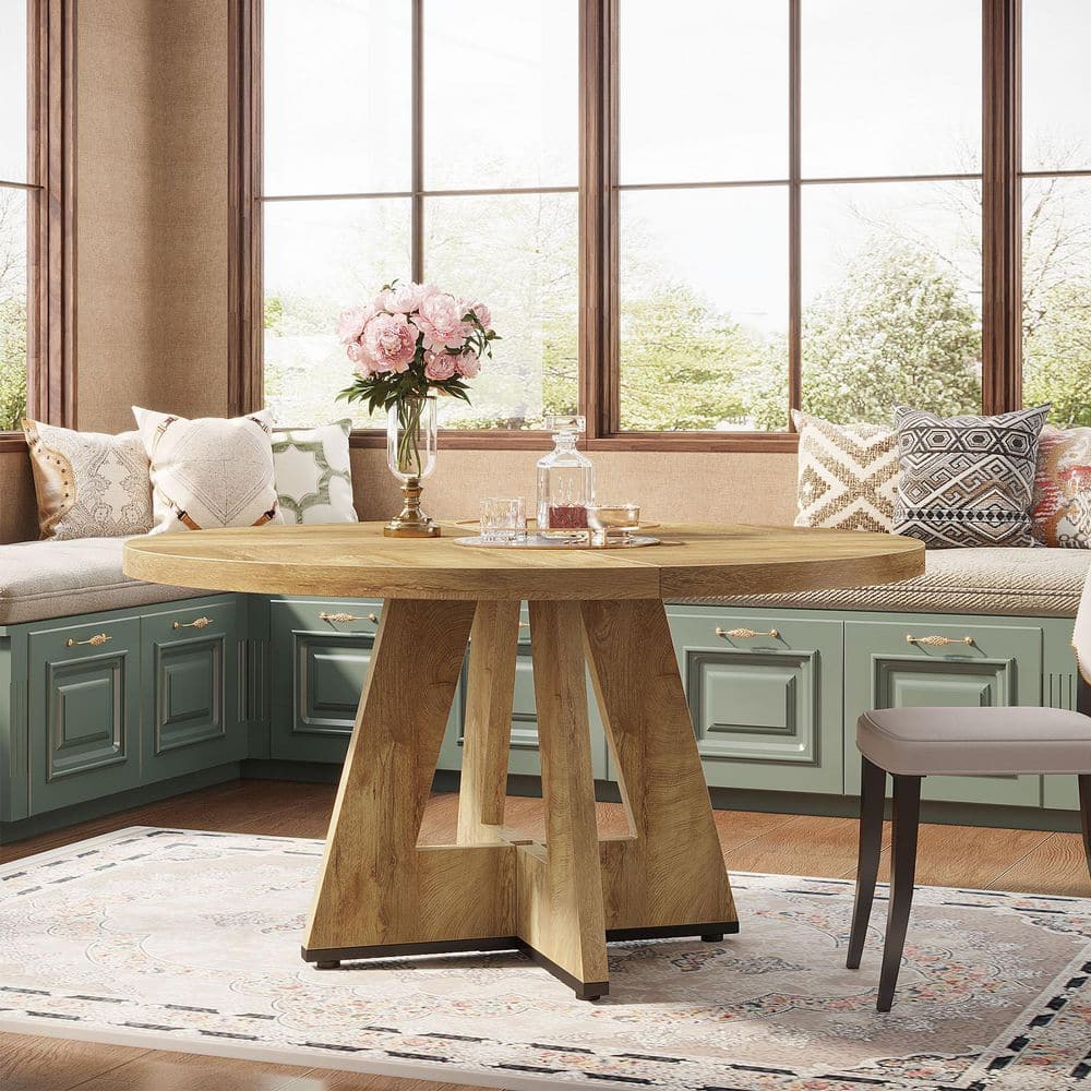 BYBLIGHT Roesler Light Wood Round Dining Table Wood 47 in. Pedestal ...