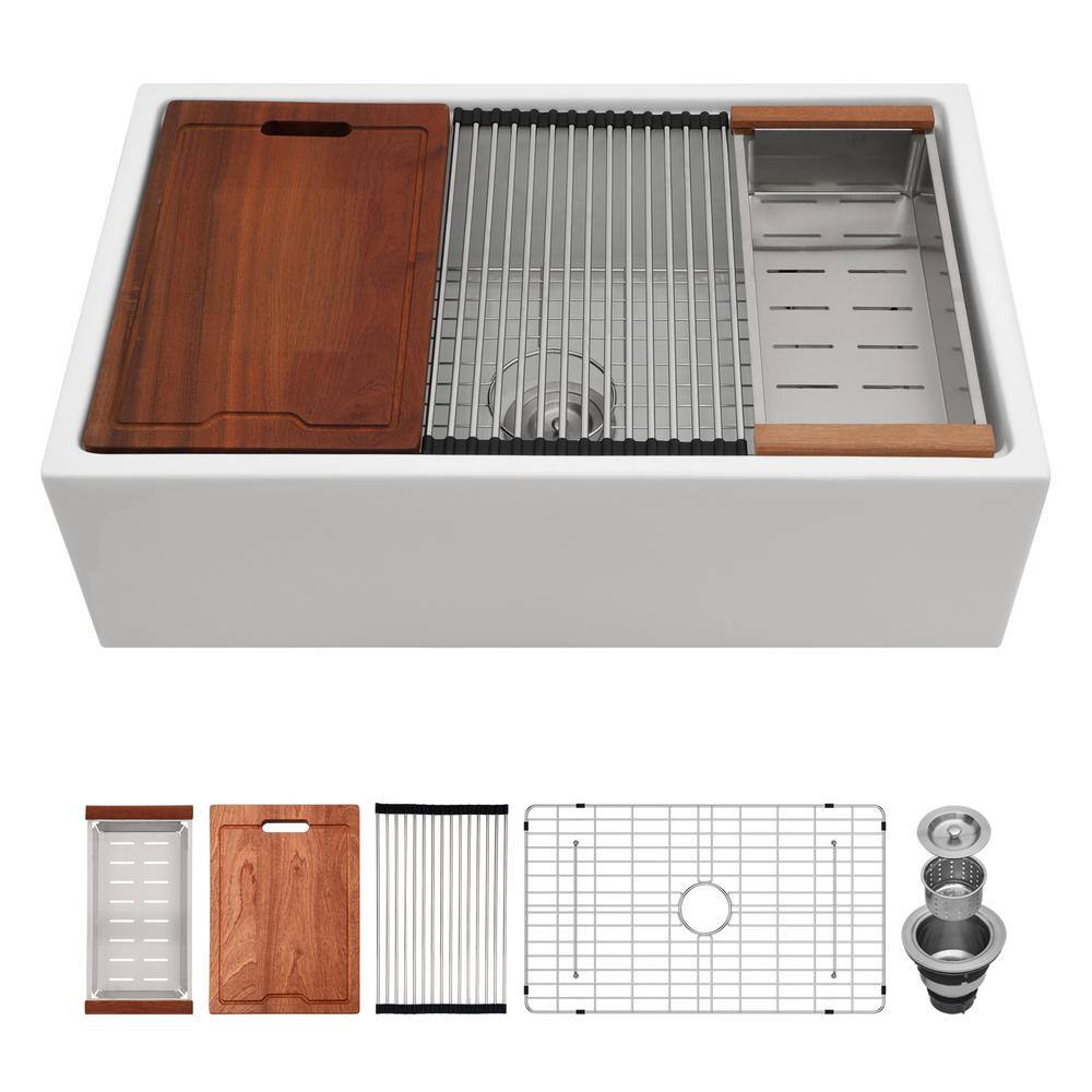 Logmey 30 in. Farmhouse Workstation Sink Single Bowl Glossy White Fire ...