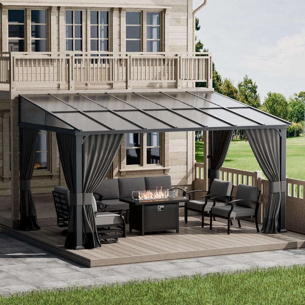Halmuz 10 ft. x 14 ft. Gray Hardtop Sloping Pitched Roof Wall-Mounted Gazebo With Curtain And ...