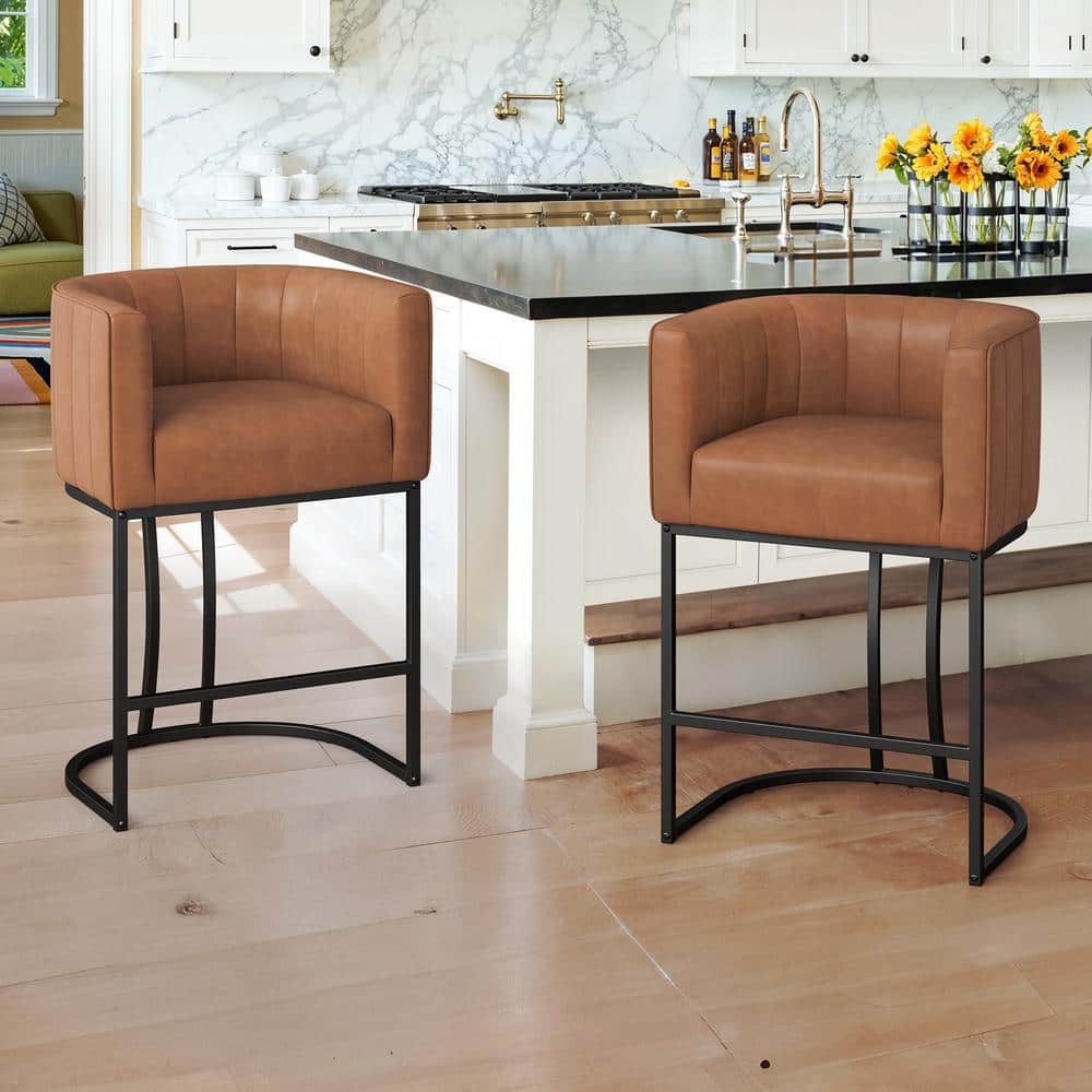 LUE BONA Siska 26 in.Modern Brown Faux Leather Upholstered Counter ...