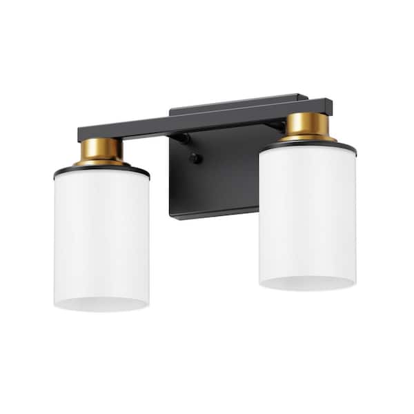 YANSUN 14 in. 2-Light Matte Black Gold Vanity Light with Milky White ...