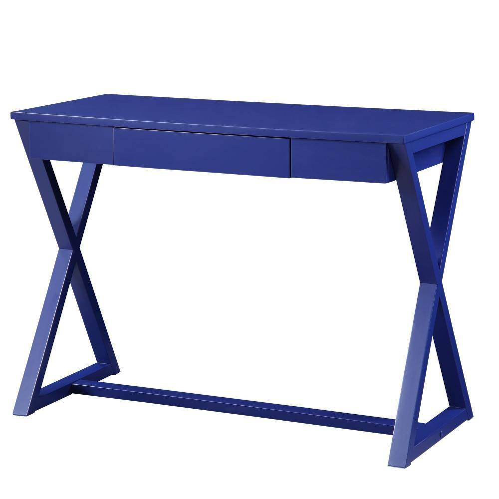 Benjara 42 in. Rectangular Blue Wood Top 1-Drawer Writing Desk with X ...