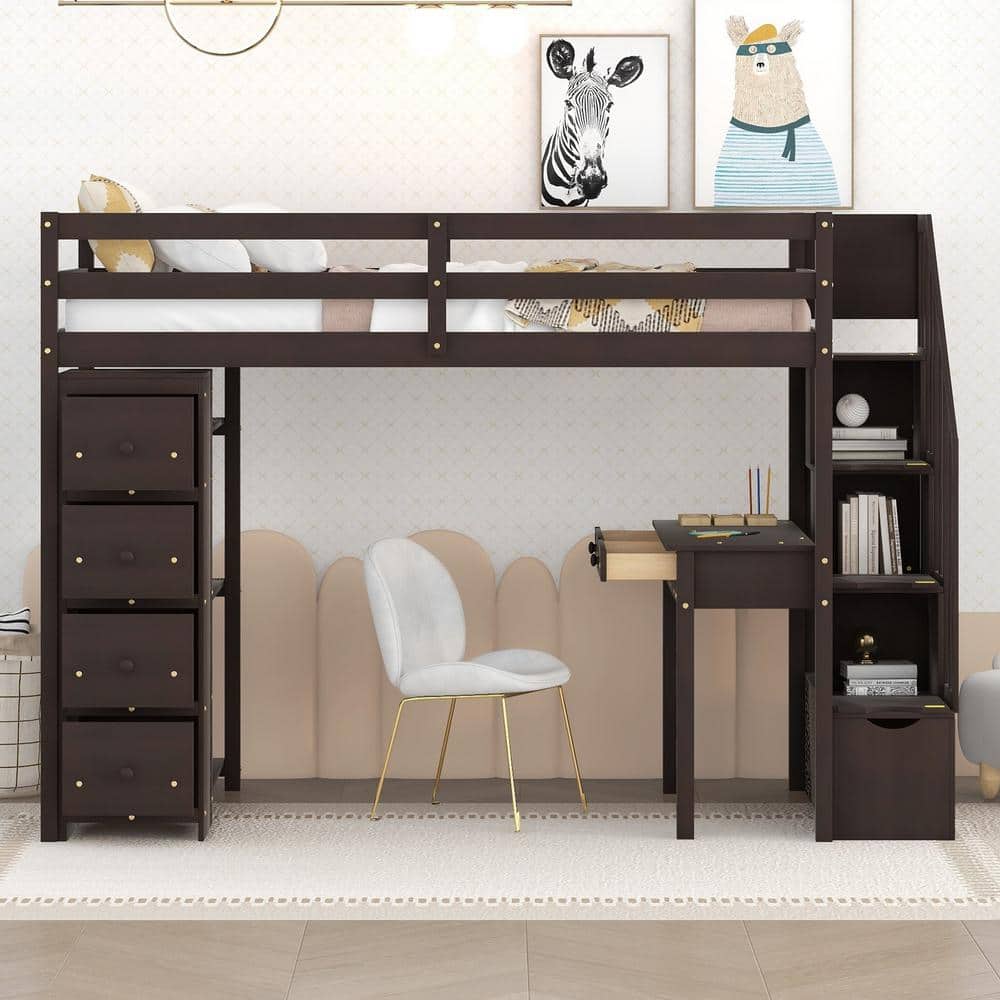 Polibi Twin size Loft Bed with Storage Drawers, Desk and Stairs, Wooden Loft Bed with Shelves ...