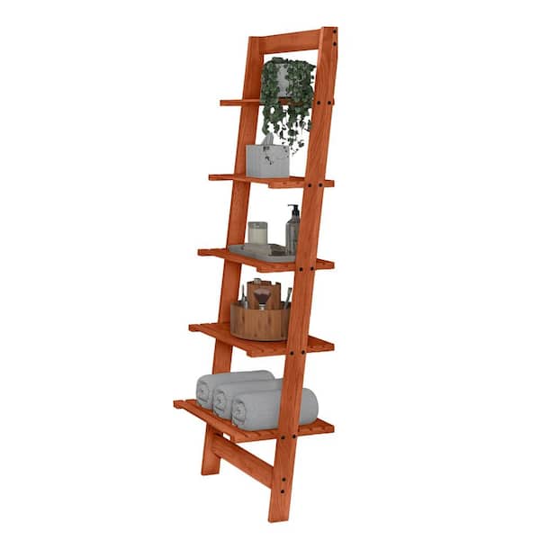 Lavish Home 5 Tier Bookshelf Leaning Ladder Shelf for Display Cherry Brown