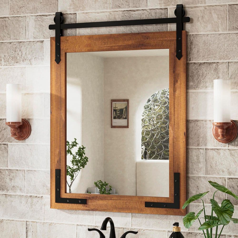 KeonJinn 20 in. W x 28 in. H Rectangular Barn Door Brown Mirrors Wood ...