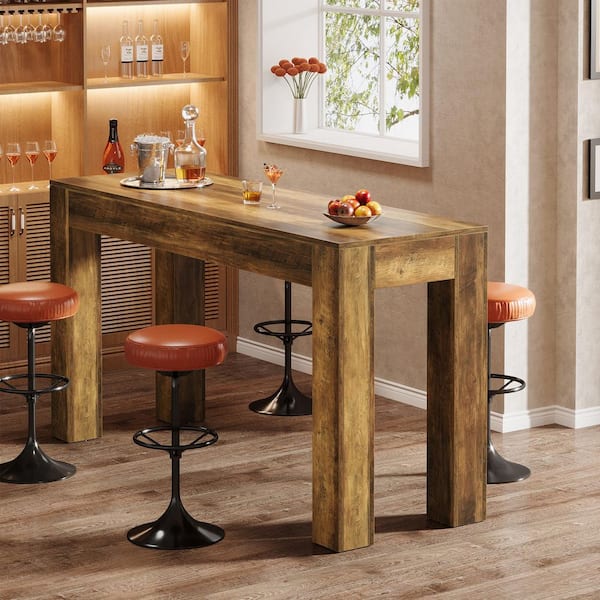 BYBLIGHT Kearsten 39.37 in. H Brown Rectangle Bar Table, Wood Counter ...