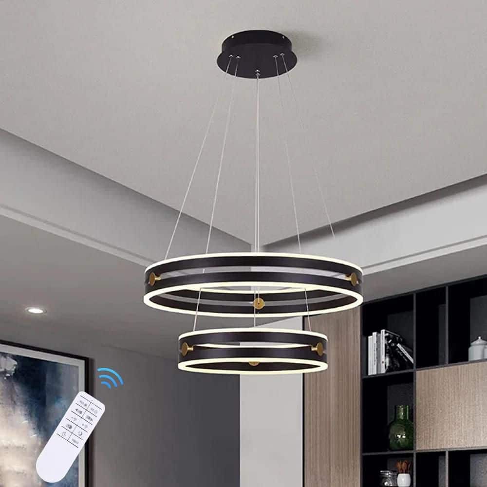 Genoci 2 Light Black Rings Dimmable Integrated LED Tiered Chandelier ...