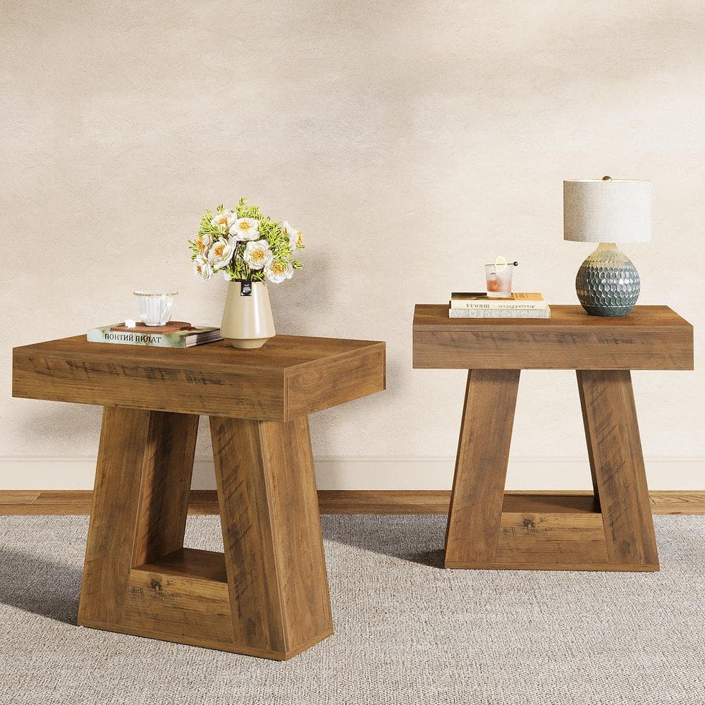 BYBLIGHT Kerlin 24 in. Brown Rectangle Wood End Table 2-Tier Side Table ...