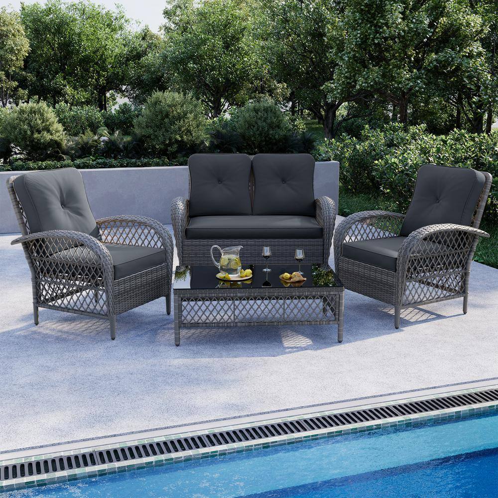 UPHA 4-Piece Wicker Patio Conversation Deep Seating Set with Coffee ...