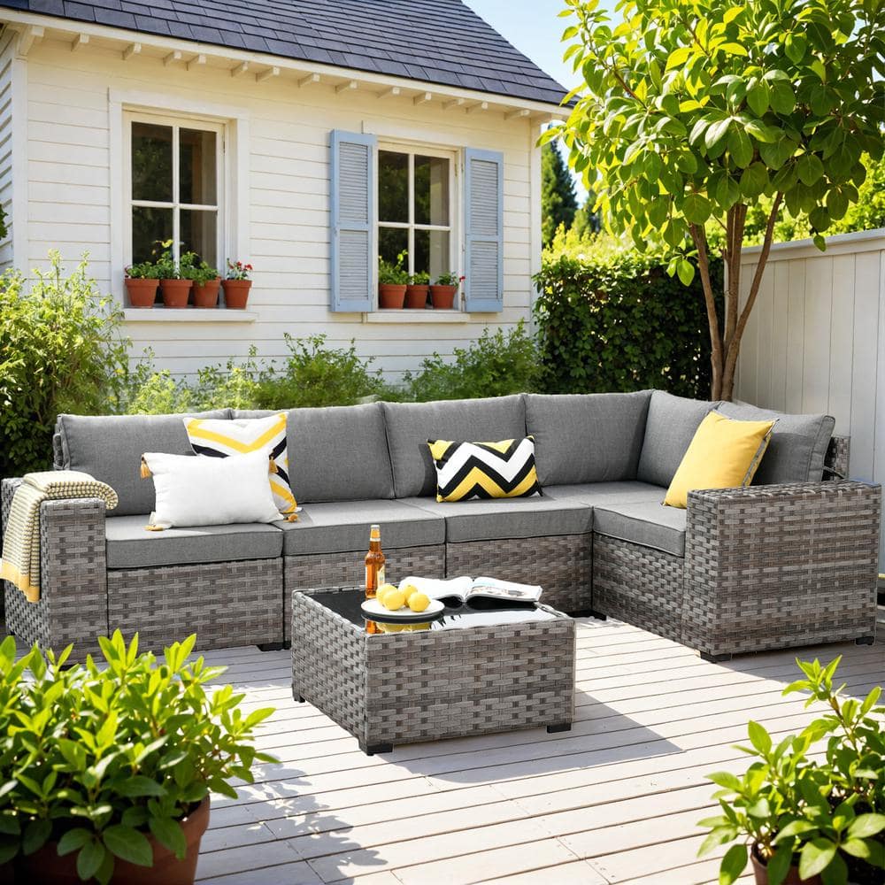 XIZZI Beatrice 6-Piece Wicker Outdoor Sectional Set with Dark Gray ...