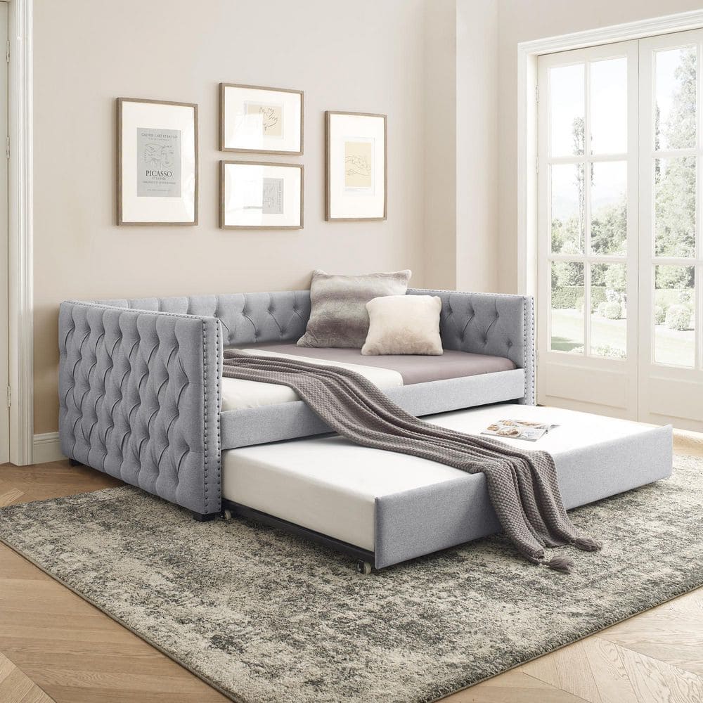 Noble House Timsa Grey Full Size Modern Upholstered Daybed with Trundle ...