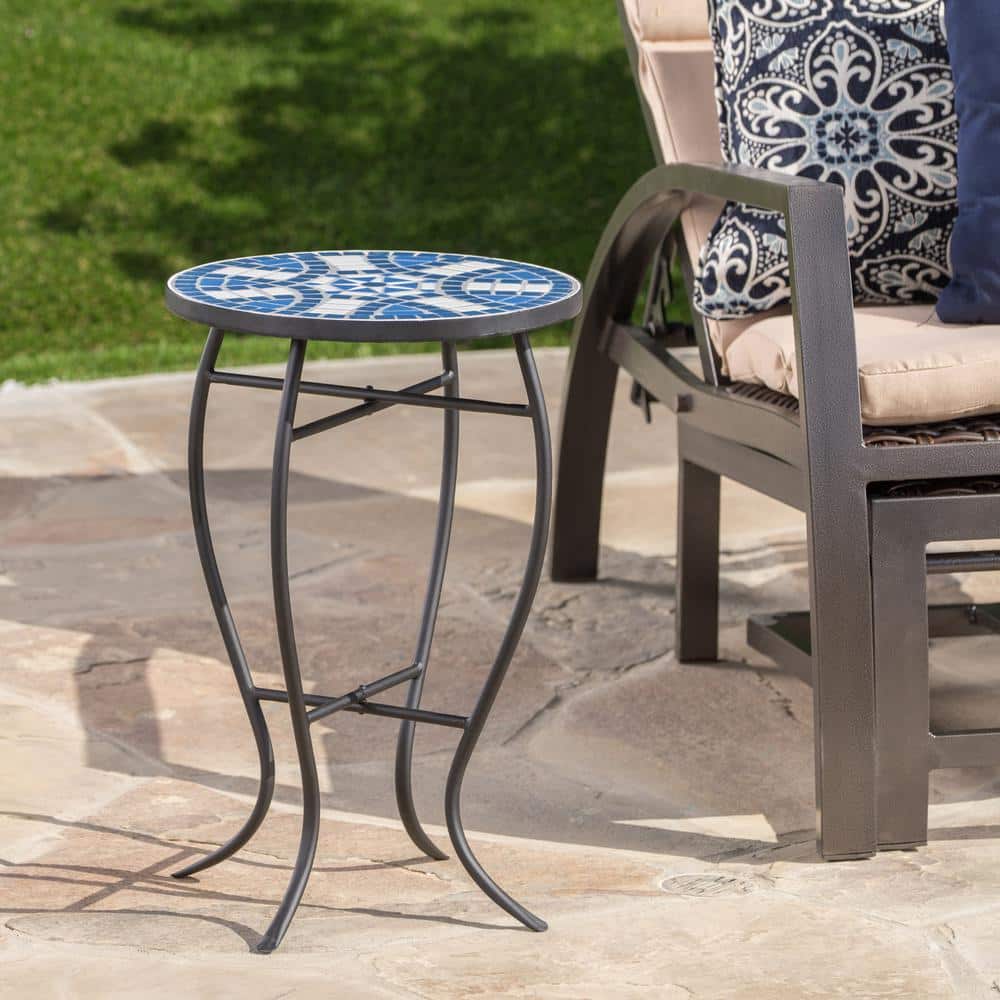 AUTMOON Outdoor Ceramic Tile Side Table with Iron Frame, Blue/White ...