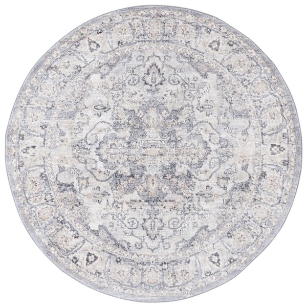 SAFAVIEH Opal 7 ft. x 7 ft. Gray/Ivory Floral Border Round Area Rug ...