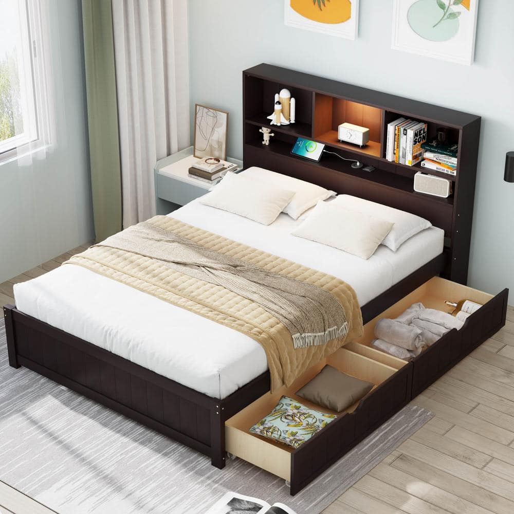 Polibi Brown Wood Frame Full Platform Bed with Bookcase Headboard RS ...