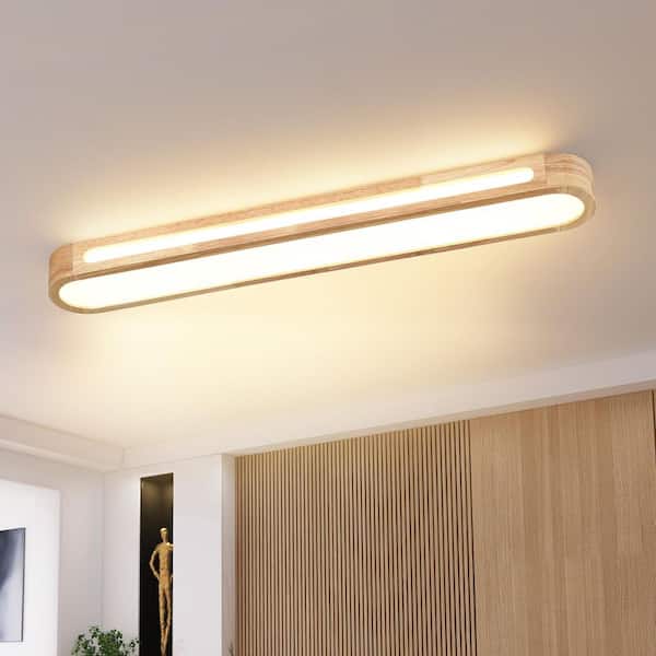 HUOKU Lumin 39.4 in.W Wood Integrated LED Flush Mount Long Rectangular ...