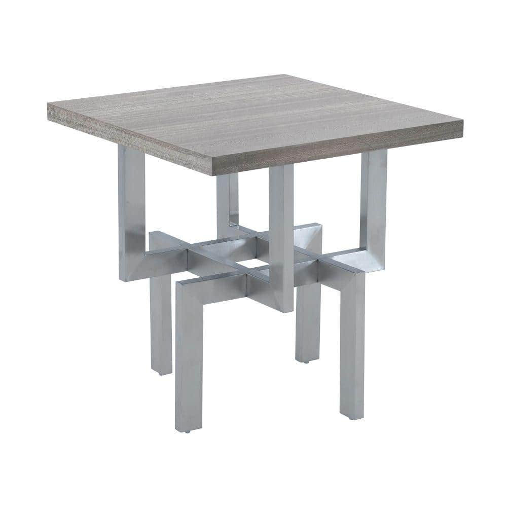 Benjara 26 in. Gray Rectangle Wood End Table with Stainlees Steel Base ...