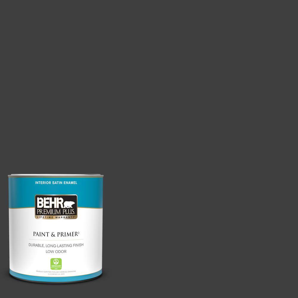 BEHR PREMIUM PLUS 1 qt. #ECC-10-2 Jet Black Satin Enamel Low Odor ...