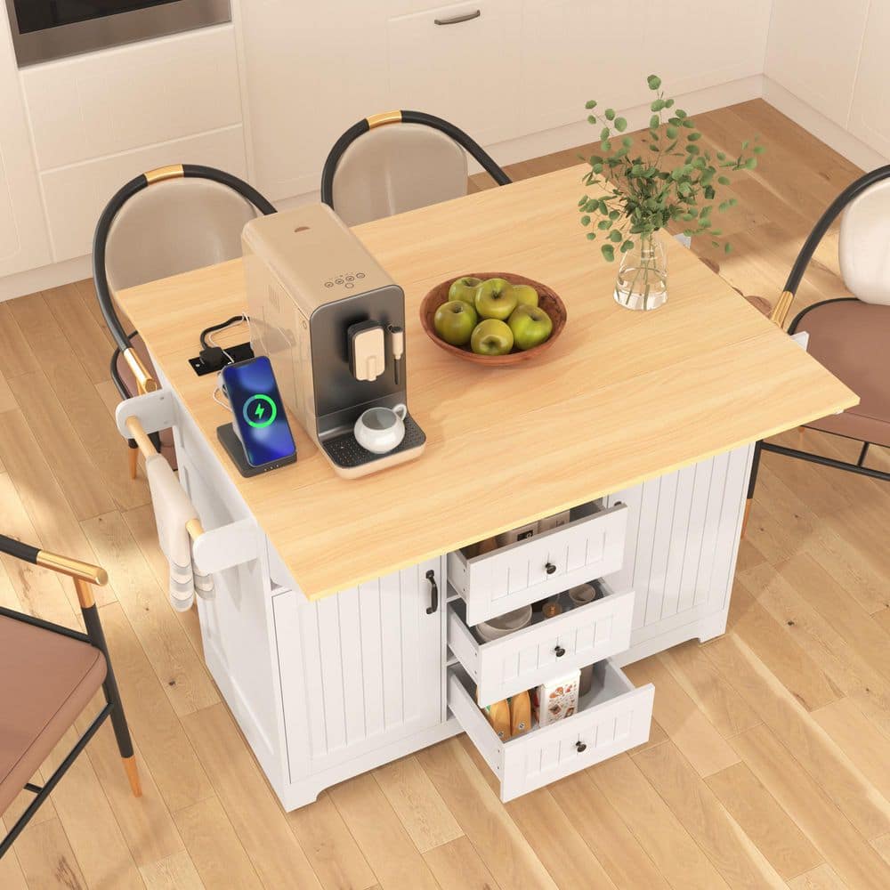 Qualler White Wood Top 55.8 in. Kitchen Island with 2 Drop Leaf and ...