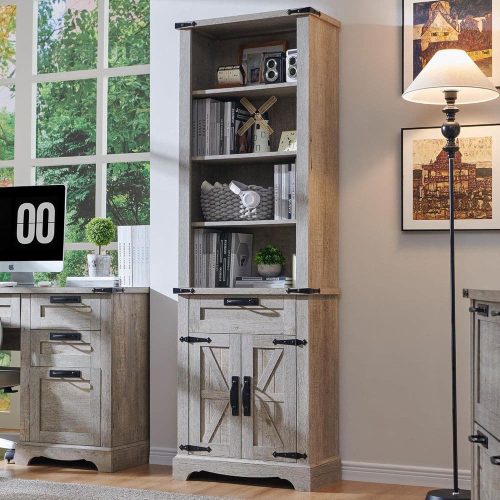 XRAMFY 72 in. Tall Light Rustic Oak Wood 4-Shelf Standard Bookcase with ...