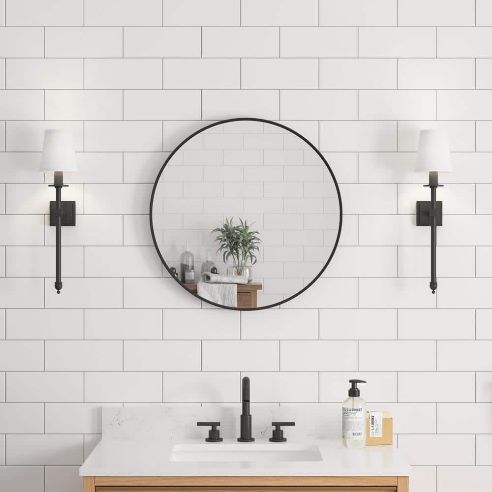ANGELES HOME 24 in. W x 24 in. H Small Round Anodized Aluminum Framed ...