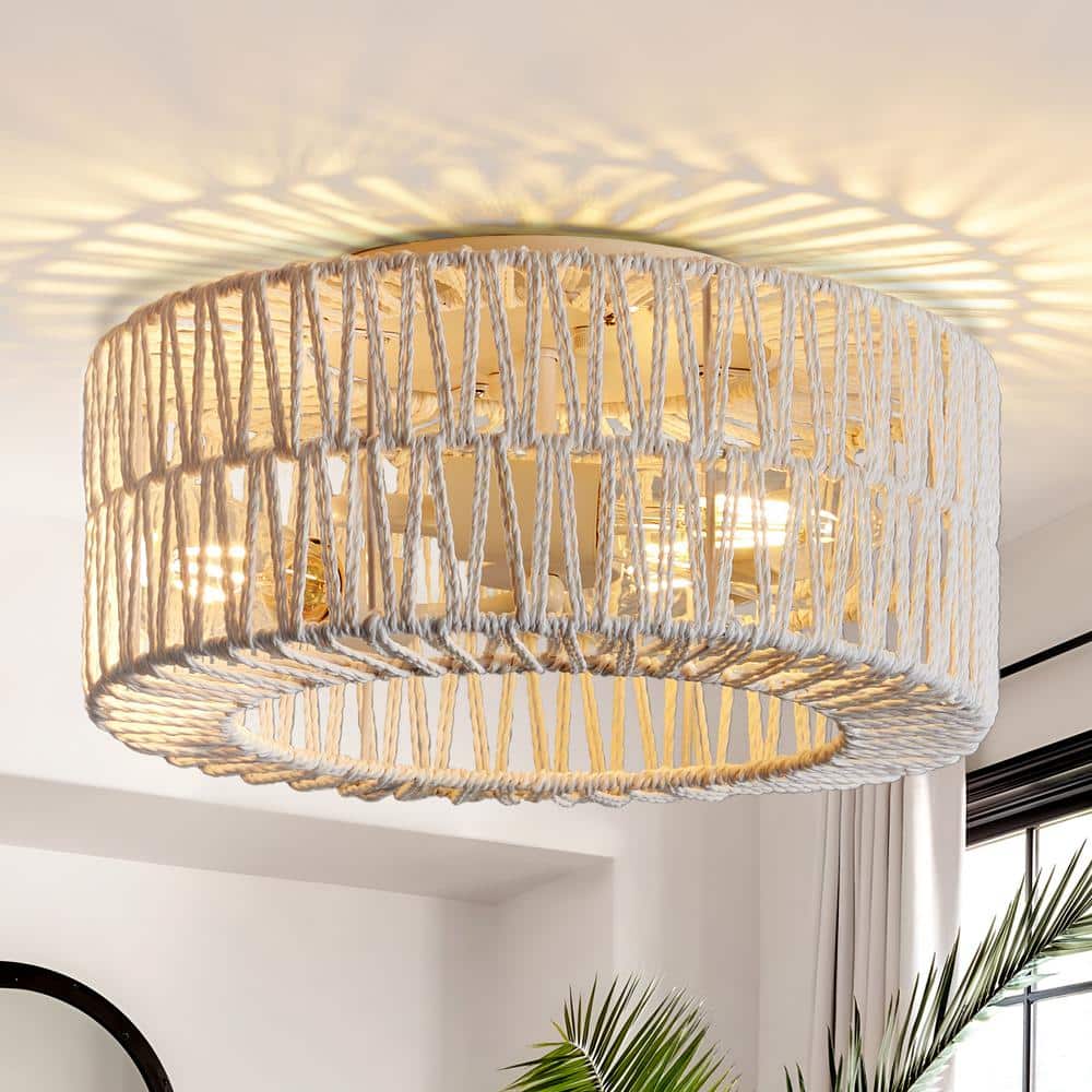 Henveton Essel 13.7 in. 3-Light White Farmhouse Semi-Flush Mount ...