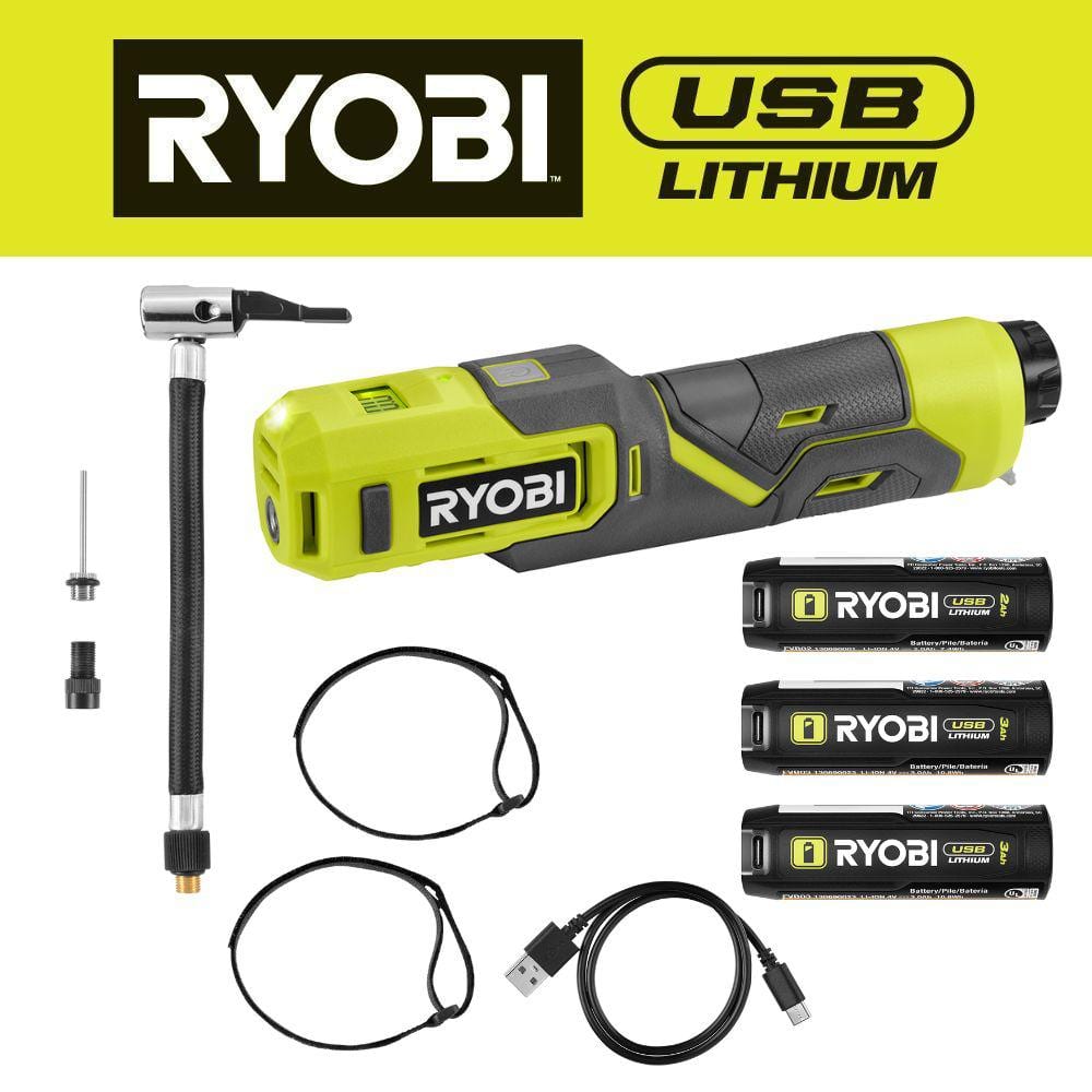 RYOBI USB Lithium Cordless High Pressure Portable Inflator Kit with 2.0 ...