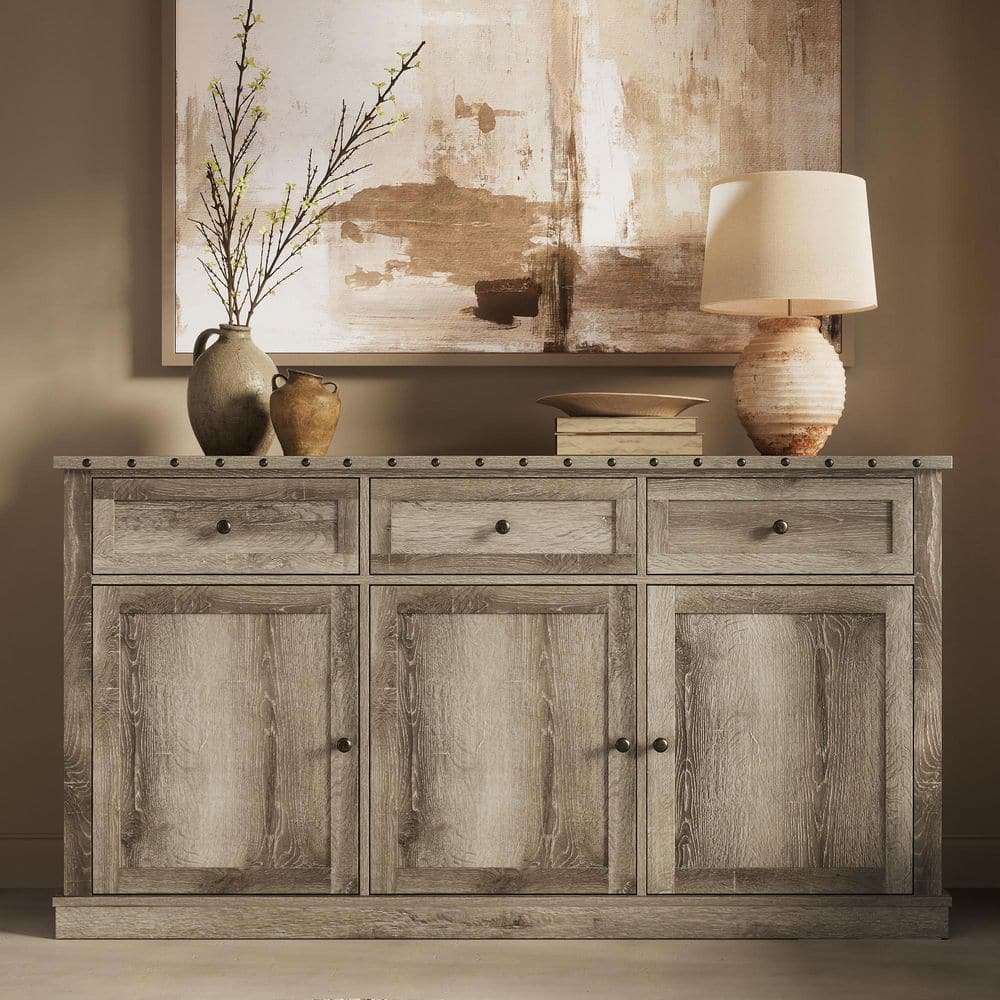 Morden Fort Rustic Farmhouse Beige Wood 65 in. Sideboard Buffet with 3 ...